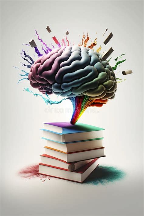 Stack Of Books Fantastic Levitation Glowing Brain And Colorful Splash Stock Illustration