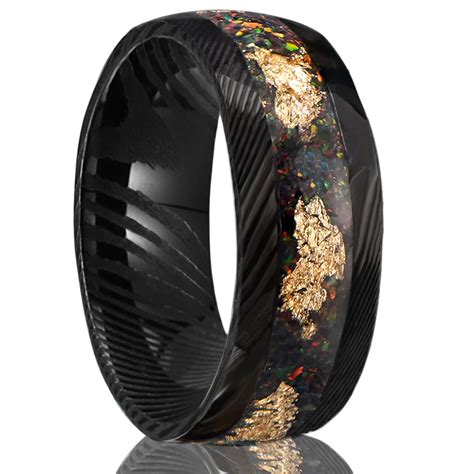 Damascus Steel Ring Electric Black With Gold Foil Shredded Opal Ring