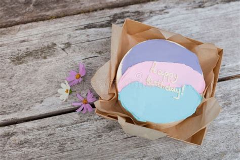 Birthday Cake With Flowers On Retro Wooden Table Pink Tart In Naked