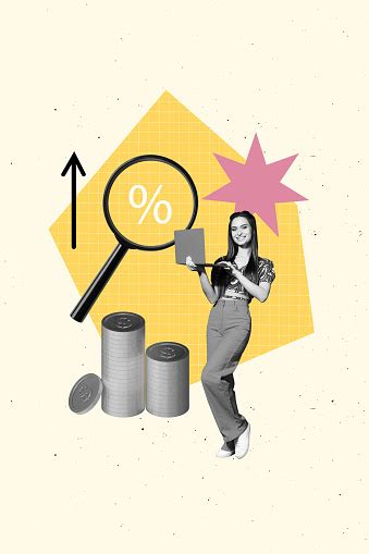 3d 사진 콜라주 트렌드 삽화 스케치 매니저 사업 인적 자원 젊은 숙녀 서 손 보류 노트북 루페 줌 퍼센트 돈 동전 20 24세에 대한 스톡 사진 및 기타 이미지 Istock