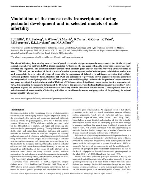 Pdf Modulation Of The Mouse Testis Transcriptome During Postnatal Development And In Selected