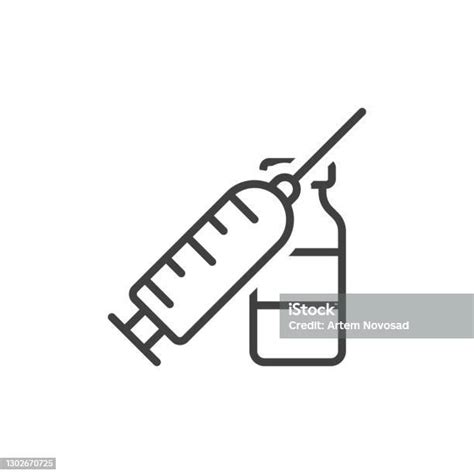 圖示注射器和注射瓶簡單的圖像玻璃瓶與冠狀病毒的藥物純白色背景上的隔離線性向量向量圖形及更多2019冠狀病毒病圖片 2019冠狀病毒病