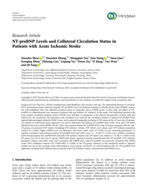 Pdf Nt Probnp Levels And Collateral Circulation Status In Patients With Acute Ischemic Stroke