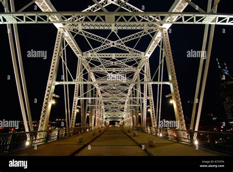 Shelby Street Pedestrian Bridge Over Cumberland River At Night In
