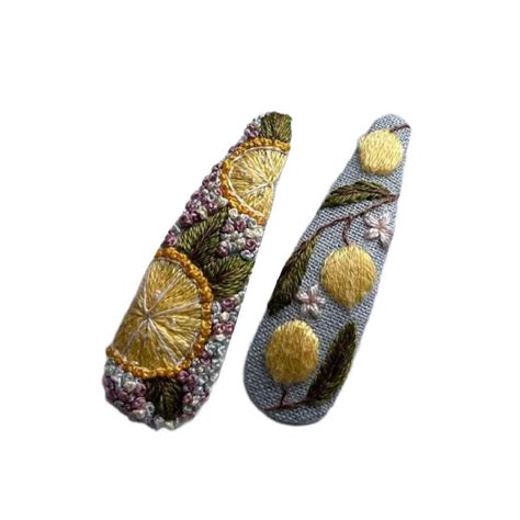 Snap Hair Clip Set With Hand Embroidered Lemon Design Shopipersia