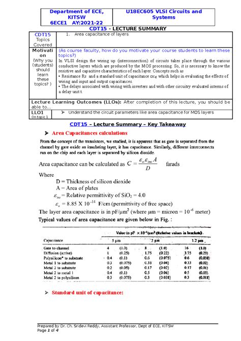 Area Capacitance Of Layers Kitsw 6ece1 Ay2021 Systems Cdt15 Lecture Summary Cdt Topics