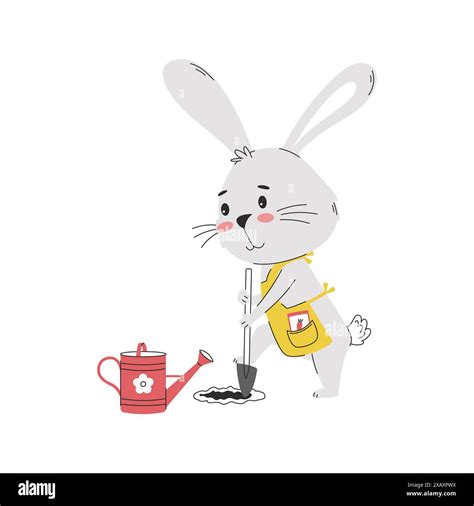 A Cute Rabbit In A Apron Digging With A Shovel Planting A Carrot Bunny Gardener Cartoon