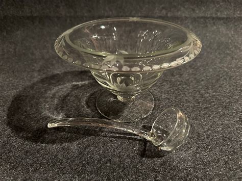 Princess House Etched Crystal Pedestal Serving Dish With Glass Spoon