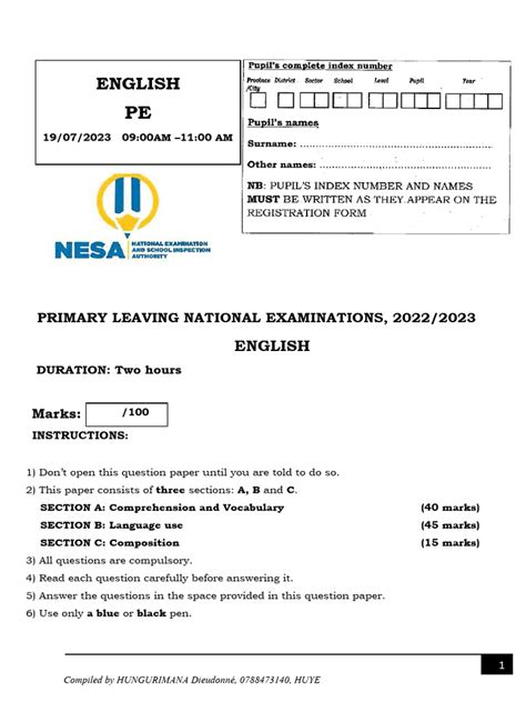 p6 english national examinations 2022 2023 and its marking guide pdf