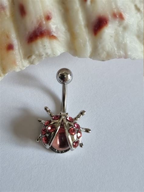 Pretty Surgical Steel 316L Belly Naval Bar Lady Bug Design Pink