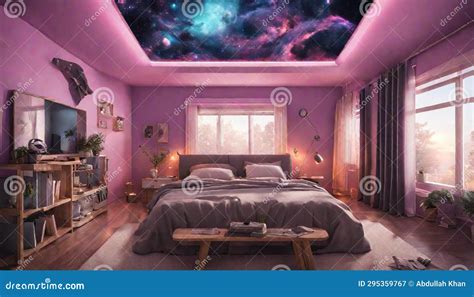 A Celestial Themed Bedroom With Neon Lights Resembling A Cosmic Stock
