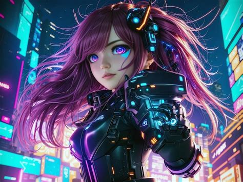Premium Ai Image A Vibranthaired Anime Girl A Futuristic Cityscape