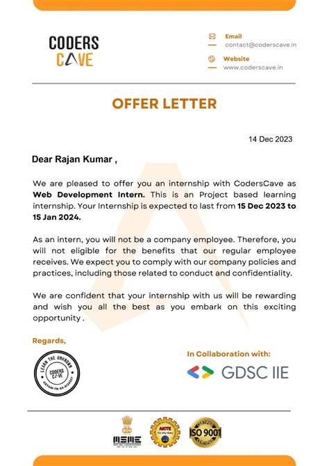 Rajan Kumar On Linkedin Coderscave Internship Offerletter