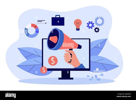 Business Data Analysis And Hand Holding Megaphone Computer Screen Smart Marketing Digital