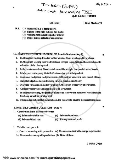 Cost Accounting 4 2016 2017 Bcom Accounting And Finance Baf Semester