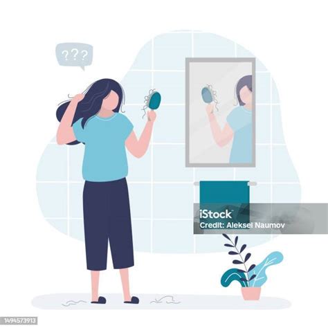 탈모로 고통받는 빗을 가진 여자 어린 나이의 탈모증 모발 문제 대머리 여성의 얇은 머리카락은 문제 스트레스 호르몬 나쁜 영양과 관련이 있습니다 욕실 인테리어 걱정하는에 대한