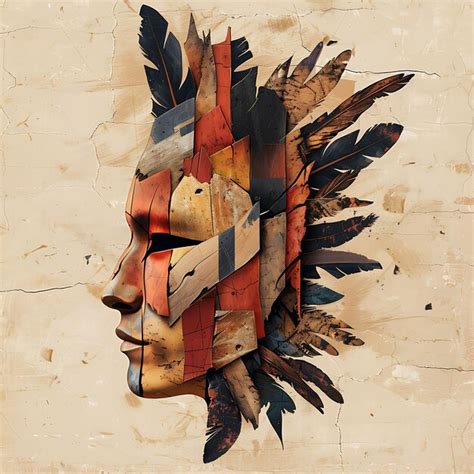 Premium Photo Tribal Masks Made Of Torn Bark And Feather Collage