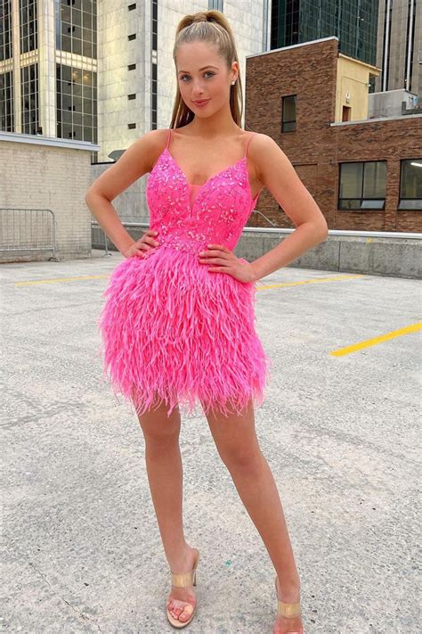 Hellymoon Women Pink Sequins Homecoming Dress With Feathers Spaghetti