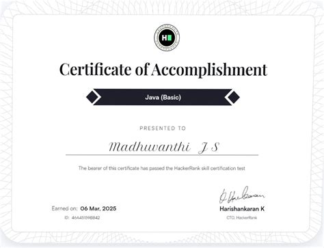 Java Programming Certification Hackerrank Learning Careergrowth Madhuvanthi Js
