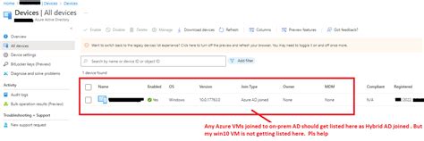 Win10 Azure Vm Joined To On Prem Ad Is Not Listed In Aad Under Devices Microsoft Qanda