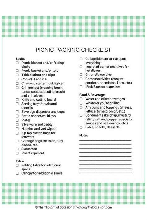 Picnic Packing Checklist In Green And White Checkered Paper Picnic