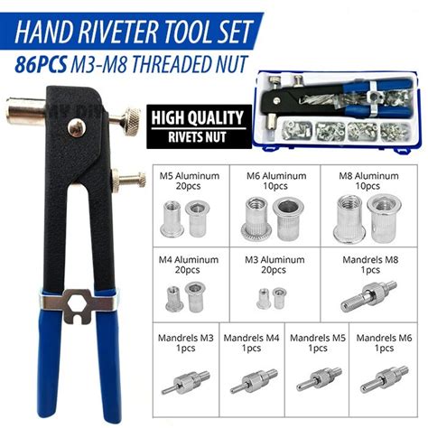 86pcs Set Manual Threaded Nut Rivet Tool Hand Riveter Nut Rivet Kit Blind Rivet Gun Threaded