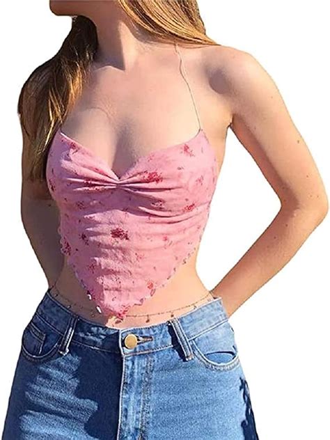 Louatui Women Y2k Sheer Mesh Crop Tops Sexy Sleeveless V Neck Floral