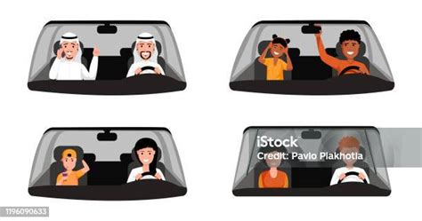 자동차 일러스트 세트를 운전하는 사람들 자동차 앞좌석에 앉아 전통 의상을 입은 아랍인 남성 결혼 한 부부 어머니와 아들 딸과 함께 아프리카 계 미국인 아버지 차에 대한 스톡