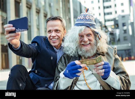 Elderly Homeless Vagrant Feeling Surprised After Receiving Money Stock