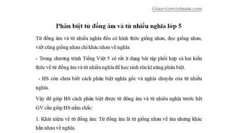 Phân biệt từ đồng âm và từ nhiều nghĩa lớp 5 Giáo viên Việt Nam