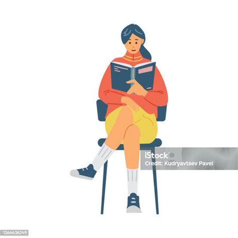 Gadis Cantik Membaca Buku Duduk Di Kursi Siswa Mempelajari Literatur