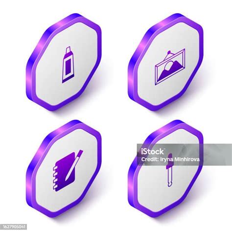 페인트 팔레트 그림 풍경 노트북 및 스포이드 색상 선택기 아이콘으로 아이소메트릭 튜브를 설정합니다 보라색 육각형 버튼 벡터 3