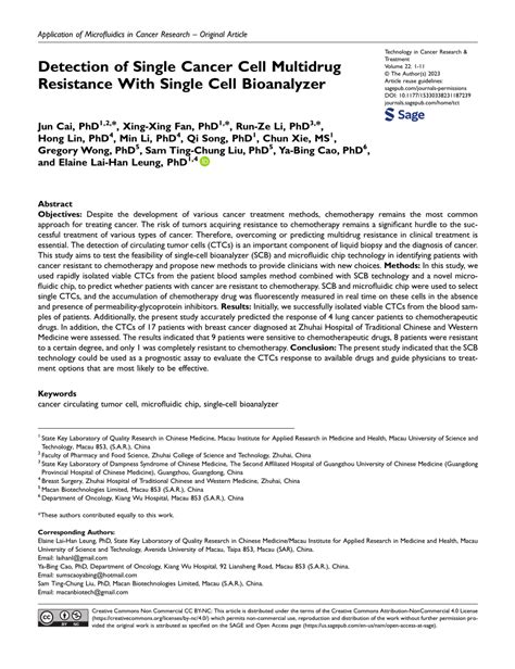 Pdf Detection Of Single Cancer Cell Multidrug Resistance With Single