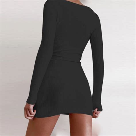 Womens Sexy Ribbed V Neck Mini Dress Ladies Long Sleeve Party Bodycon