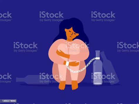 불행한 여자와 여성 알코올 중독의 벡터 그림 은 무릎을 껴안고 앉아 알코올 음료 병에 묶여 술 마실 것에 대한 스톡 벡터 아트