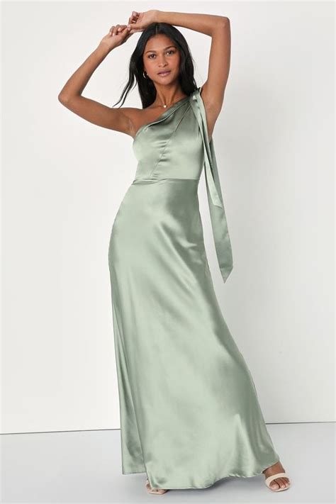 Lovely Refinement Sage Satin Cutout One Shoulder Maxi Dress Shoulder Maxi Dress Sage Maxi