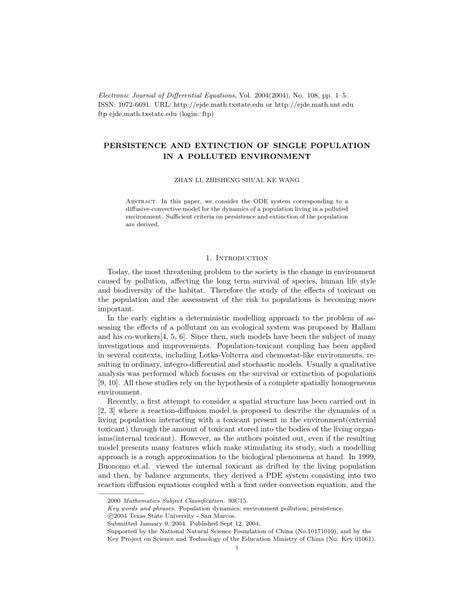Pdf Persistence And Extinction Of Single Population In A Polluted