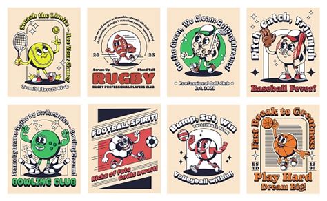 만화 스포츠 포스터입니다 1930 년대 마스코트 캐릭터와 슬로건이 있는 복고풍 놀이 볼 카드 스티커 스포츠 애호가 배너 벡터 세트 복고풍에 대한 스톡 벡터 아트 및 기타