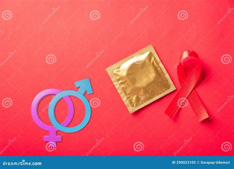 Red Bow Ribbon Symbol Hiv Aids Cancer Awareness Condom With Shadows