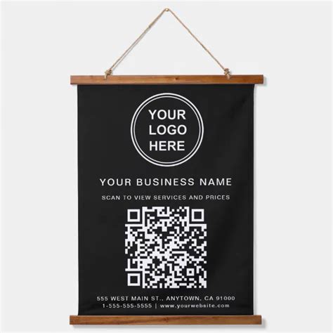Business Logo And Qr Code Black Hanging Tapestry Zazzle