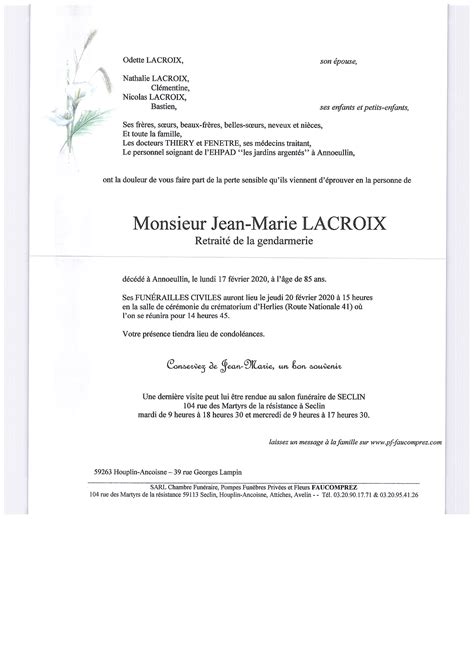 Monsieur Jean Marie LACROIX Pompes Funèbres FAUCOMPREZ