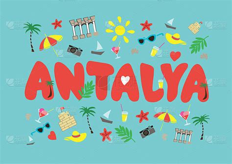 安塔利亚平面插图。安塔利亚画线。现代风格的安塔利亚城市插图。手绘海报，旗帜，明信片，旅游公司的卡片模