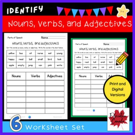 Nouns Verbs And Adjectives Identify Parts Of Speech Worksheet Set