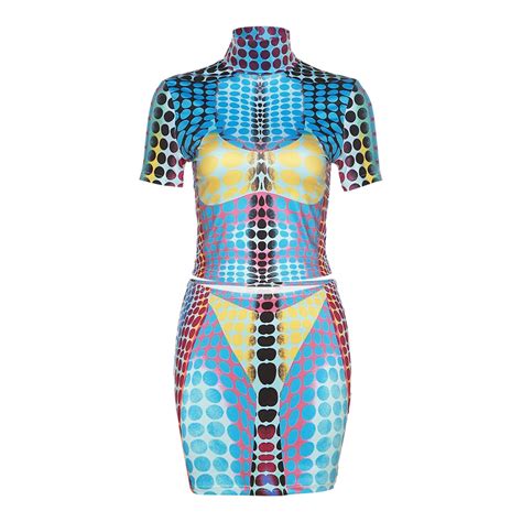 Kliou K22s25196 Colorful Dot Print 2 Piece Set Women Short Sleeve Bare