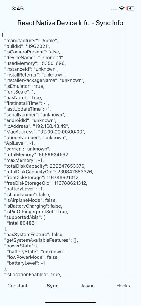 Example To Get Device Information In React Native About React