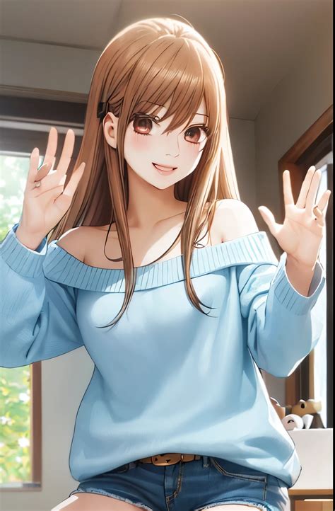 Anime Girl In Blue Sweater And Denim Shorts Posing For Camera Seaart Ai