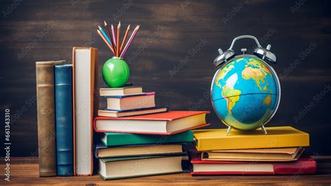 Foto De 책과 연필 지구본이 있는 칠판 배경 Do Stock Adobe Stock