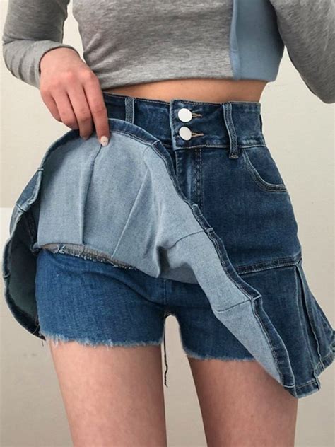 Emmiol Free Shipping 2024 Lined Detail Denim Pleated Mini Skirt Blue S