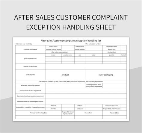 After Sales Customer Complaint Exception Handling Sheet Excel Template