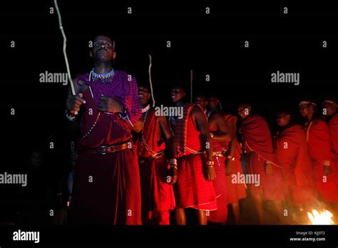 Masai People Dancing By Fire Masai Mara Game Reserve Kenya Stock